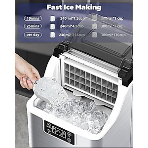 Kndko Ice Cube Maker Machine Countertop, 2 Ways to Add Water, 45Lbs/Day, 24 Pcs Ready in 13 Mins, 2.6 lbs Capacity, Ice Makers Countertop with 24H Timer for Home Bar RV,Stainless Steel Ice Maker