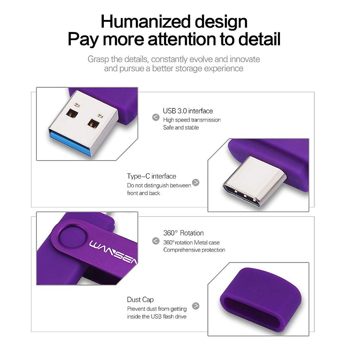 Wansenda 128GB USB C Flash Drive, 2 in 1 USB 3.0/3.1 Type C Thumb Drive Photo Memory Stick for Android Phones/Tablet/PC/Mac (128GB, Blue)