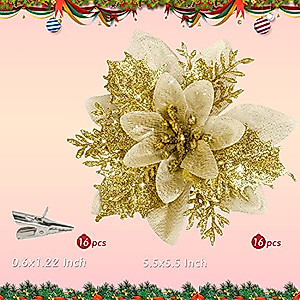 16 PCS Poinsettia Flower Artificial Poinsettia Christmas Decorations Glitter Poinsettias Christmas Ornaments Christmas Tree Flower Decorations with Clips DIY Xmas Wreath Holiday Weed Home Party Decor