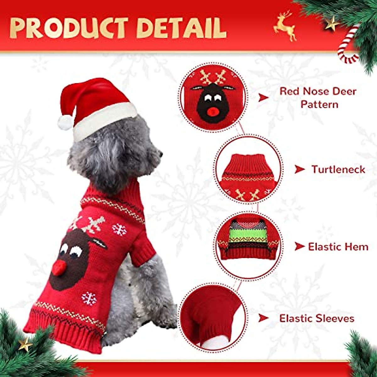 HRTTSY Christmas Dog Sweater Funny Ugly Xmas Cute Reindeer Puppy Turtleneck Sweaters Holiday Costume Fall Winter Warm Pullover Outfits Pet Clothes for Small Medium Large Dogs Cats(Red Reindeer,M)