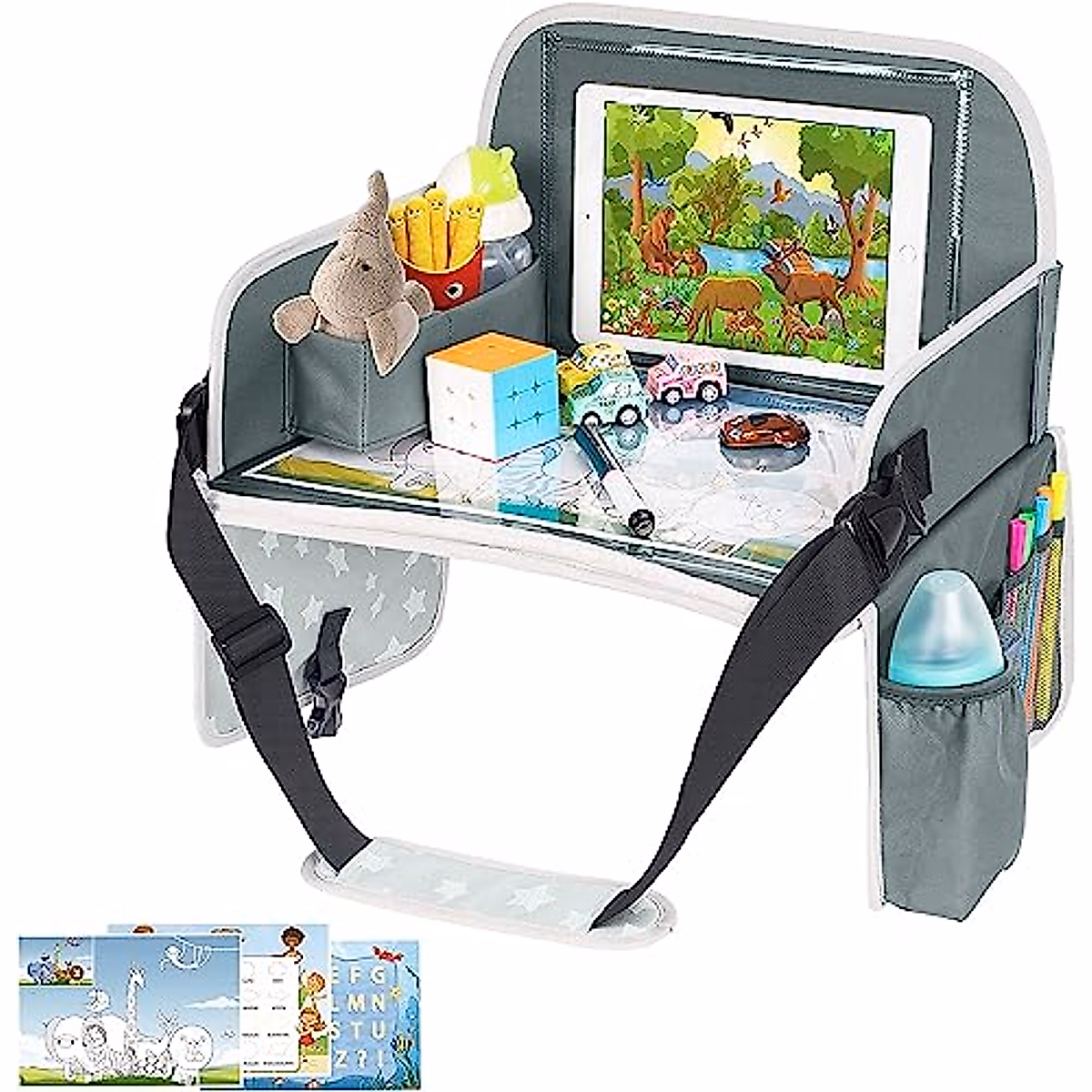 MENZOKE Kids Travel Tray, Toddler Car Seat Tray with Dry Erase Board, Collapsible Lap Car Seat Travel Table Desk w/iPad Holder, Storage Pocket, Kids Tray for Road Trip, Car Stroller, Airplane, Grey
