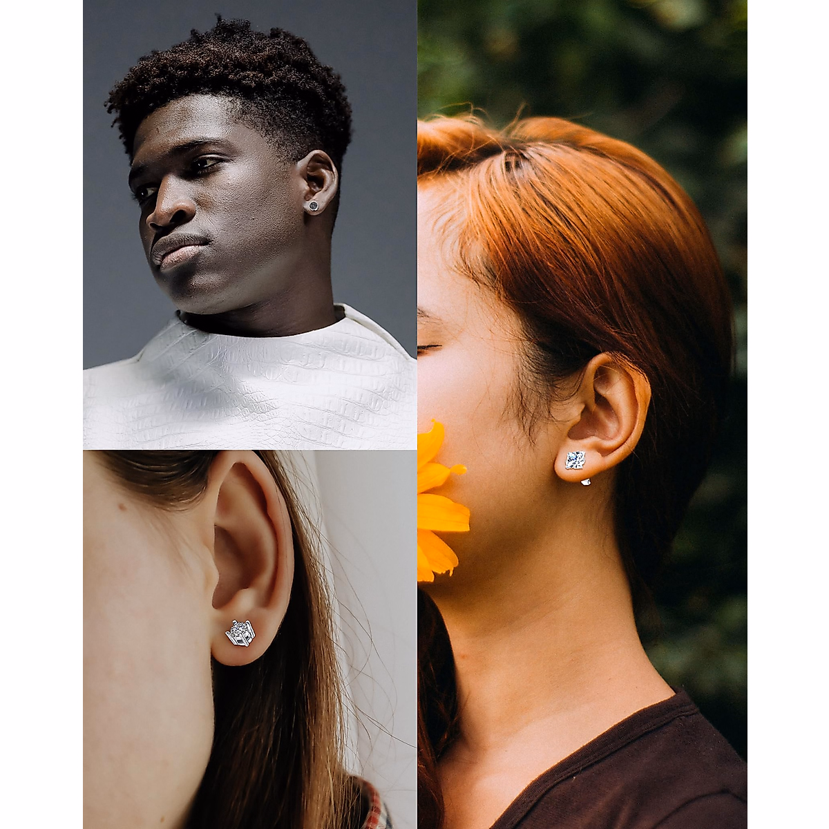 Ofeiyaa 12 Pairs Stainless Steel Stud Earrings Cubic Zirconia Cartilage Barbell Earring Set for Men Women Black Silver Tone 8mm