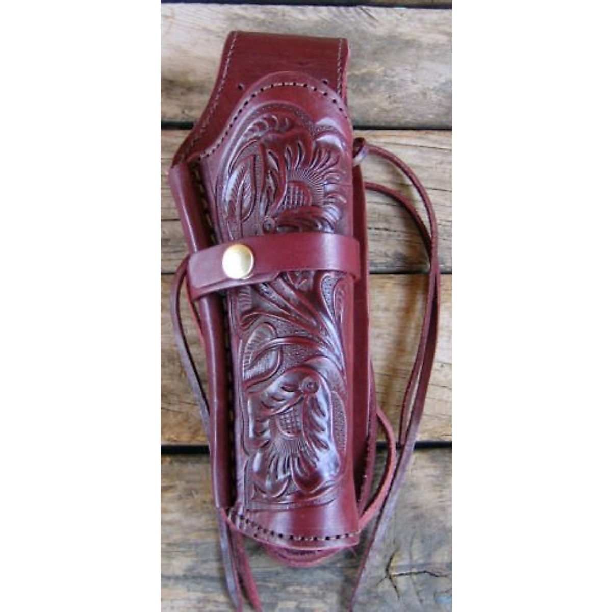 Left Handed Burgundy Tooled Leather Single Western SASS Cowboy GUNS4US Holster for 22 Cal, 38 357 Cal & 44 45 Cal Gun Pistol