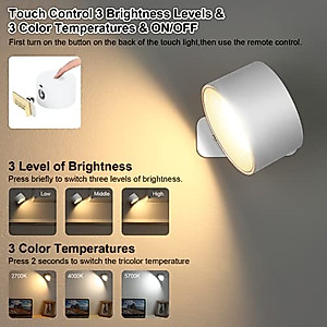 Lightess LED Wall Sconce, Wall Mounted Lamp with Rechargeable Battery Operated, 3 Brightness Level & 3 Color Temp 360°Rotate Magnetic Ball,Touch & Remote Control Wall Light for Reading Bedside