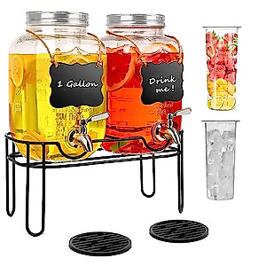 Drink Dispenser (2 Pack) With Metal Stand,Drink Dispensers for Parties,1 Gallon Beverage Dispenser with Stainless Steel Spigot & Lid,Come with Ice Cylinder,Fruit Tube and 2 Rubber Mats
