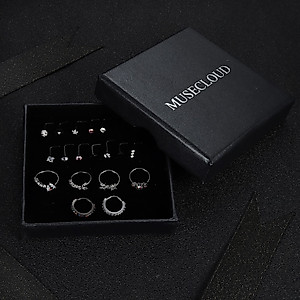MUSECLOUD 20G Black Nose Rings For Women Men 6pcs Stainless Steel Nose Rings Hoops 12pcs L Shape Nose Rings Studs Heart CZ 8mm Cartilage Hoop Flower Star Nose Piercing Jewelry (Black)