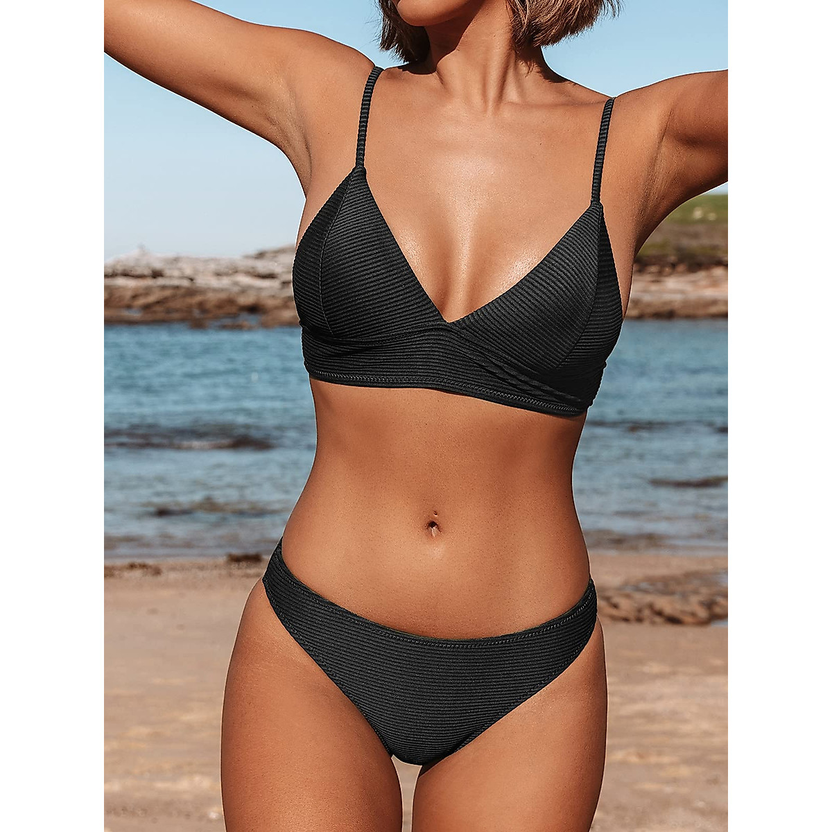CUPSHE Women's Bikini Triangle Sexy Solid Two Piece Bathing Suit Black, L