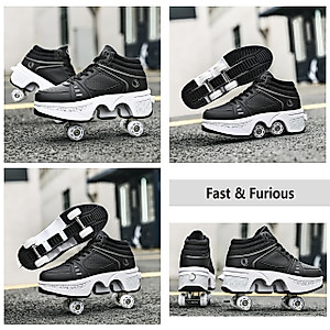 Roller Skate Shoes for Women Four Rounds Children's Roller Skates Shoes That Turn into Rollerskates Sneakers Outdoor Light Shoes with Wheels for Girls/Boys (Black NO Light, US 7.5)