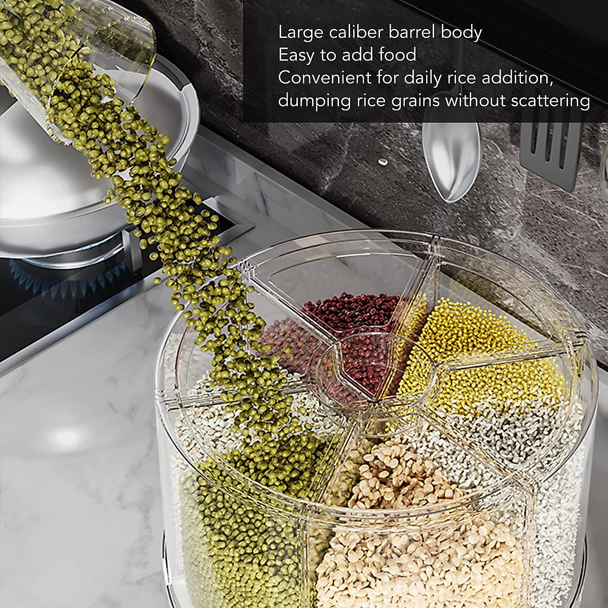 Rice Grain Storage Container, 360 Rotating Grain Storage, Clear Food Dispenser with Drainage Cup, Large Capacity Dry Food Storage Bin, Cereal Dispenser with Measuring Cylinder for Kitchen(Small Size)