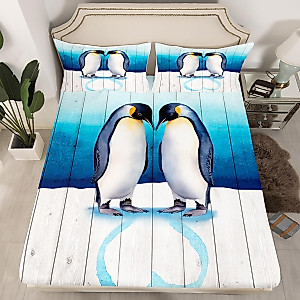 Couple Penguin Bedding Set Twin Size Antarctic Animals Bed Set for Girls Teens Bedroom Decor Kids Penguin Fitted Sheet Soft Microfiber Blue and White Bed Cover(1 Fitted Sheet+1 Pillow Case)