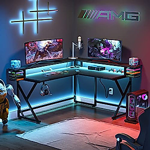 Tribesigns L Shaped Gaming Desk with Led Lights & Power Outlet, Corner Computer Desk with Monitor Stand, PC Stand Shelf, Ergonomic Gaming Table Gamer Desk with USB Port & Hook for Home Office (Black)