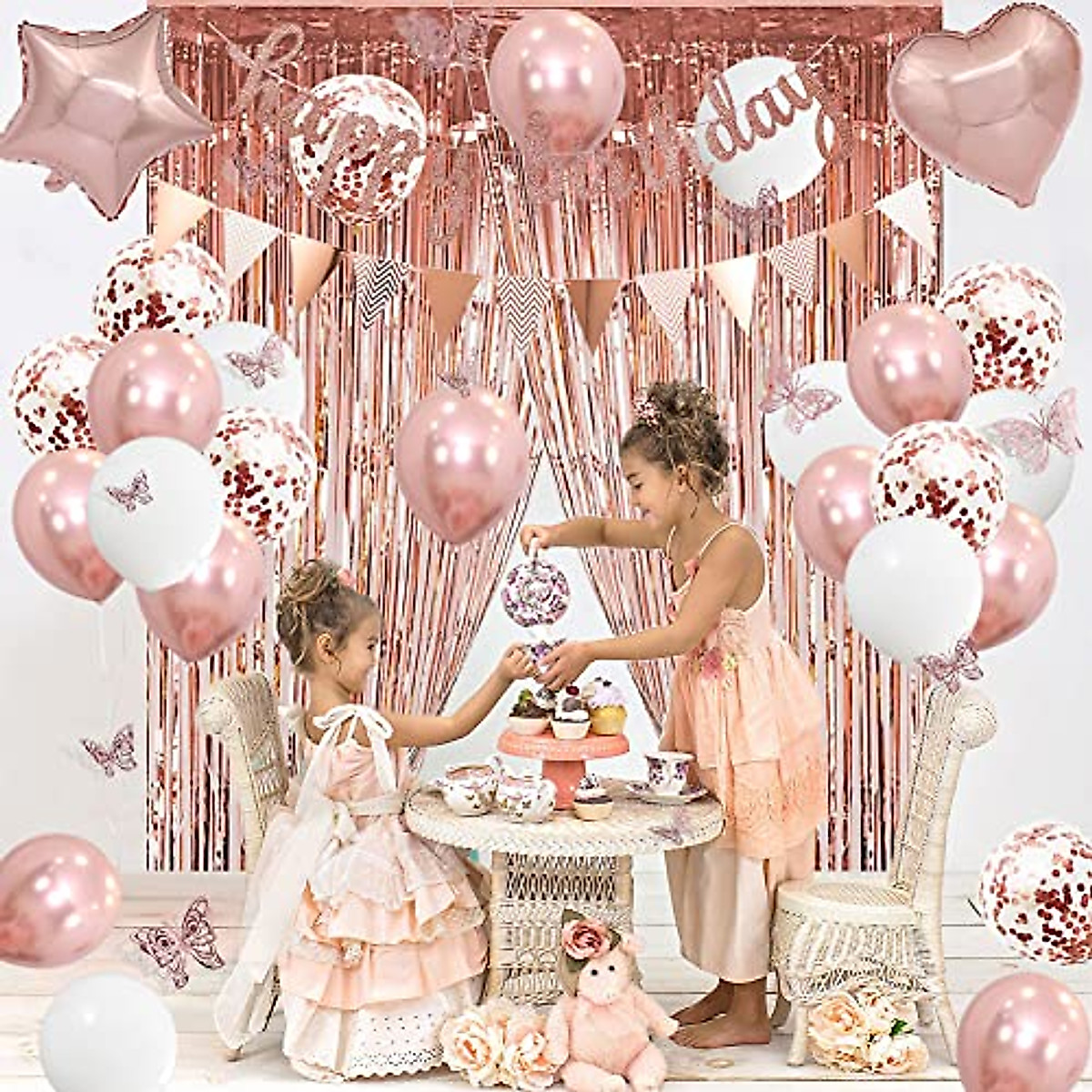 Rose Gold Birthday Decorations, Happy Birthday Banner Rose Gold, Rose Gold Balloons, Rose Gold Tablecloth Fringe Curtains, Pennant Banner and 3D Butterfly Stickers for Women Girls Birthday Party Supplies