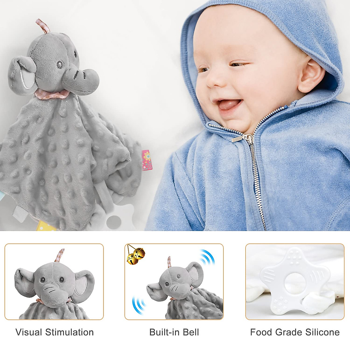 iAOVUEBY Baby Shower Gifts, Baby Boy Gifts, Christmas Baby Gift Set for Newborn Essentials Baby Blanket Elephant Lovey Wooden Rattle, Infant Bibs Socks & Greeting Card, Gender Reveal Gift Basket