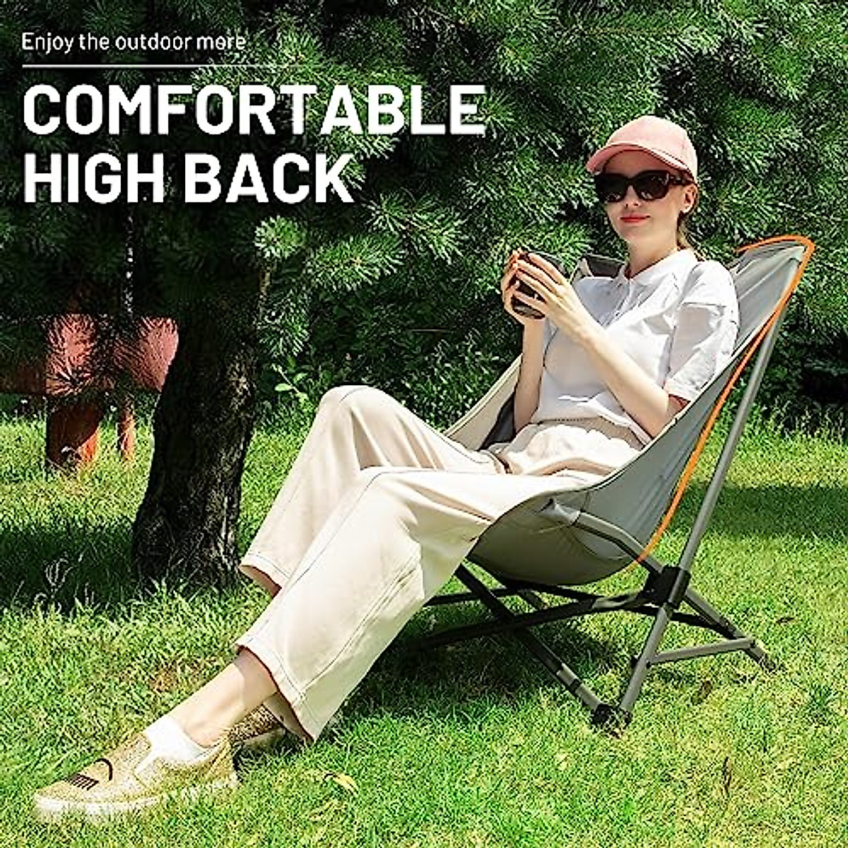 TIMBER RIDGE Lightweight Folding Camping Chair for Adults, Stable Low Seat Beach Chairs with Carry Bag, Portable High Back Chair for Outdoor Camp Sand Lawn Concert Travel Picnic, Supports 300Lbs Grey