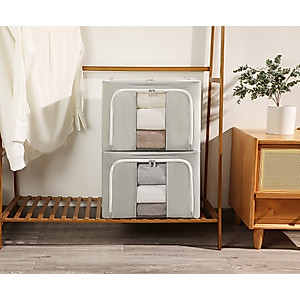 Furnhome 3 PACK 40L Oxford Cloth Steel Frame Storage Box, Clothes Storage Box Organizers with Foldable Clear Window & Reinforced Handles for Clothes,Closet,Comforters,Bedding, Blanket(Light Grey)