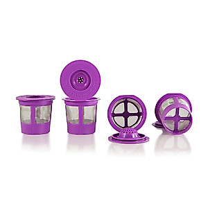 K&J Reusable Filter Cups Compatible with Keurig 1.0 K-Cups - Includes Freedom Clip for Compatibility With Keurig 2.0 Machines (4-Pack, Purple)