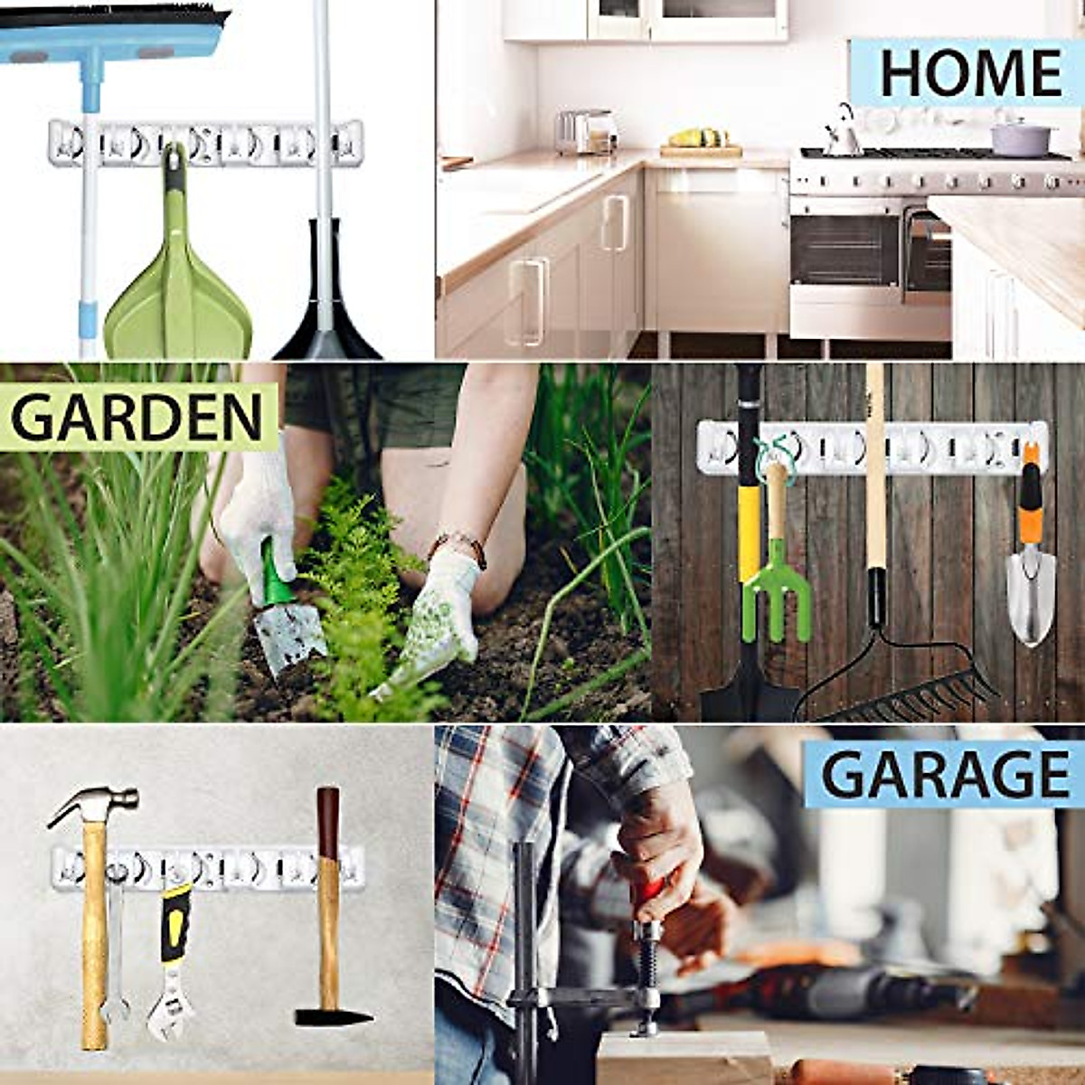 Guay Clean Broom and Mop Holder - Garden Tool Organizer - Home Storage Utility Rack- Strong Grip Hangers with Foldable Hooks - Heavy Duty Wall Mounted Shelf System - Fixed