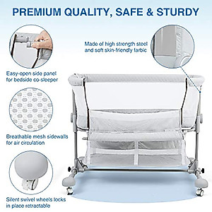 beiens Baby Bassinet 3 in 1, Baby Crib Bedside Sleeper with Detachable Mosquito Net, 6 Height Adjustable Easy Folding Bedside Bassinet Portable Nursery Bed for Infant, Newborn, Baby Boys & Girls