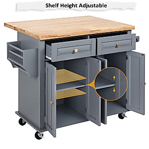 Finnhomy Rolling Kitchen Island With Drop Leaf, Thicken Rubberwood Top, Spice Rack, Towel Rack, Drawer, 43.3" Portable Mobile Kitchen Island Carts Table, Storage Cabinet, Both Wheels and Feet Included