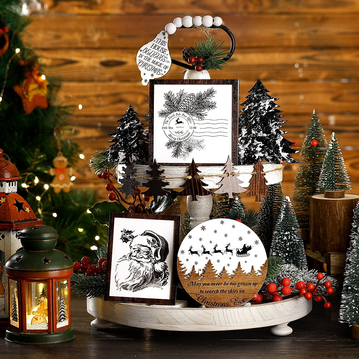 11 Pcs Christmas Tiered Tray Decor Set Wood Christmas Table Decor Farmhouse Trees Santa Claus Reindeer Pine Cone Wooden Tabletop Signs for Xmas Home Party