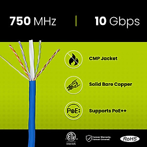 trueCABLE Cat6A Plenum (CMP), 1000ft, Blue, 23AWG 4 Pair Solid Bare Copper, 750MHz, PoE++ (4PPoE), ETL Listed, Unshielded Twisted Pair (UTP), Bulk Ethernet Cable