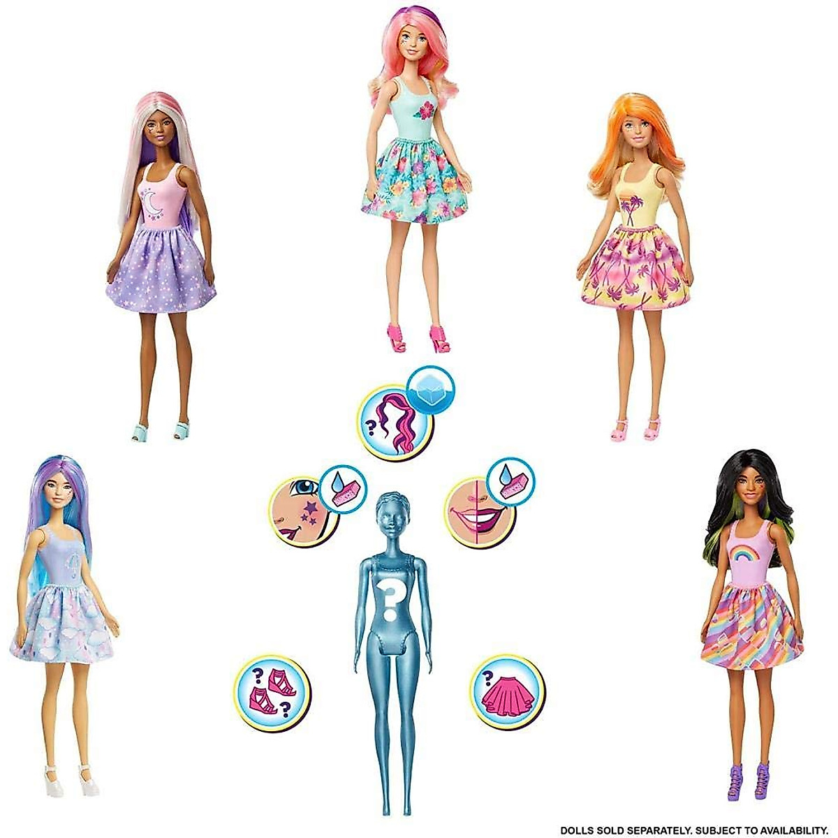Barbie Color Reveal Doll with 7 Surprises: 4 Mystery Bags Contain Surprise Wig, Skirt, Shoes & Sponge; Water Reveals Metallic Blue Doll’s Look & Creates Color Change on Face & Wig
