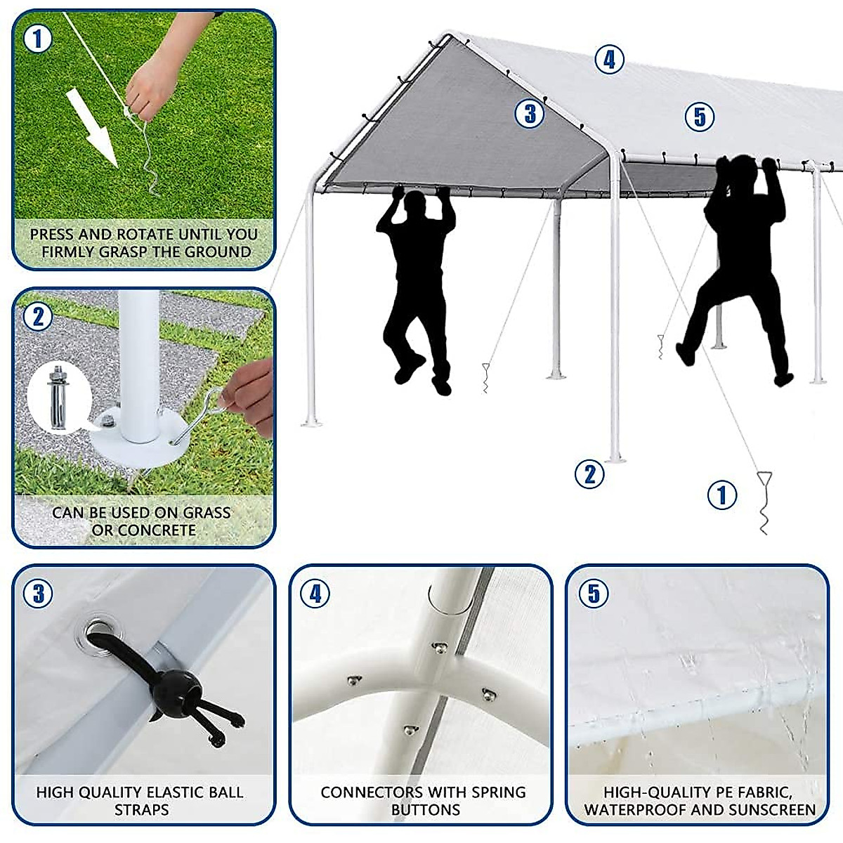 MeetPerfect Extra Large Heavy Duty Carport 10 x 20 ft. Outdoor Auto and Boat Shelter Tent Gazebo Portable Garage for Party Wedding Garden Storage Shed, Waterproof and UV-Proof Fabric- White