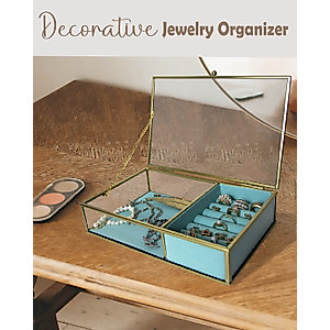 Ylu Yni Glass Jewelry Organizer Box Clear Keepsake Case with Gold Frame with Velvet Trinket Tray, Display Box for Earring Ring, Necklace, Accessories.