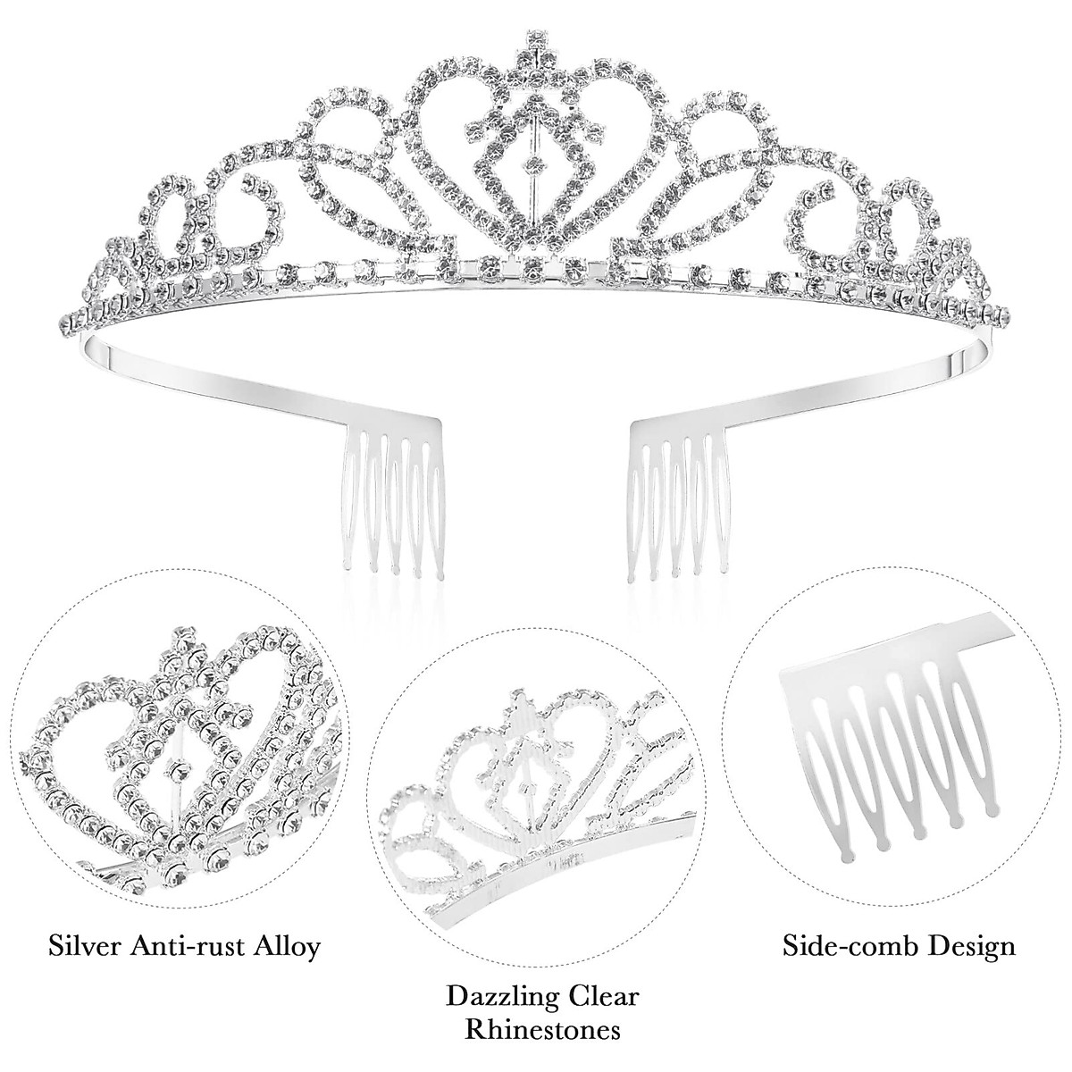 FRCOLOR Heart Shaped Tiaras Silver Crystal Tiara Crown Headband Princess Crown with Combs Tiara for Bridal Wedding Bridesmaid Pageant Birthday Party 2 Pack