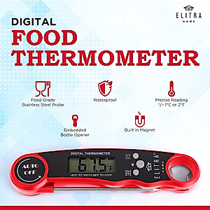 Waterproof Instant Digital Meat Thermometer Super Fast Precise for Cooking Folding Probe with Backlight - by ELITRA HOME (Red)
