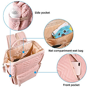 KZNI Diaper Bag Backpack, Travel Diaper Backpack, Diaper Bag with Stroller Hanger,Thermal Pockets,Diaper Bag Backpack (pink)