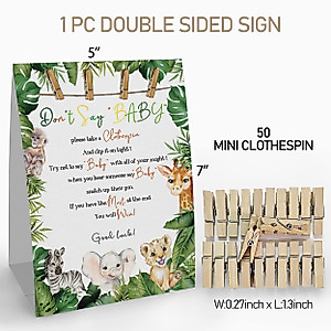 Don't Say Baby Clothespin Game Sign (1 Sign + 50 Mini Clothespins), Safari Animal Baby Shower Game，Baby Shower Decoration, Gender Neutral Baby Shower