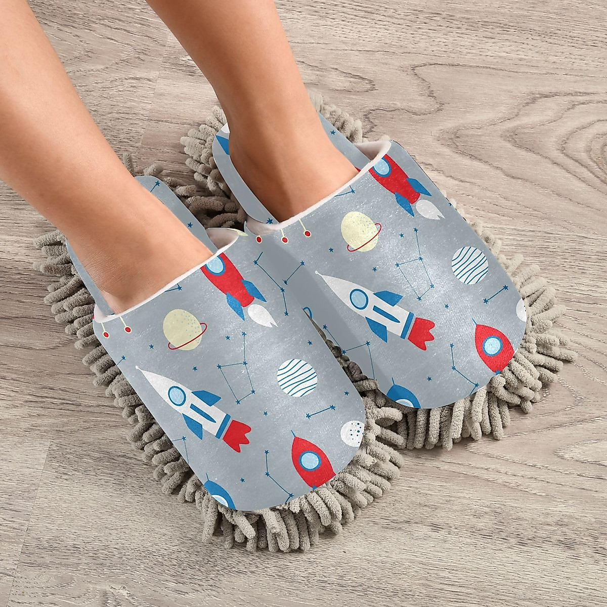 FLildon Microfiber Cleaning Slippers Space Rockets Planets Washable Mop Shoes Slipper for Men/Women House Floor Dust Cleaner, Size L