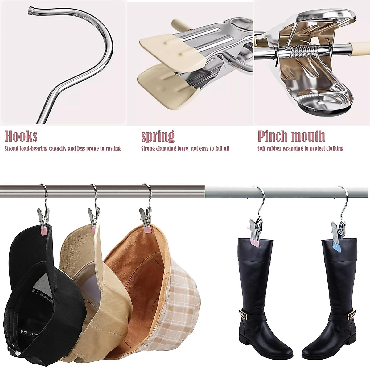 Boot Hangers for Closet, 18 PCS Hanging Clips Hook Clothes Pins for Laundry, Hanger Clips Towel Clips Boot Organizer for Home and Travel, Stainless Steel Hanging Hold Clips