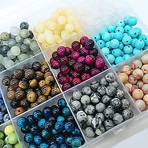 750pcs 6mm Natural Round Stone Beads Real Gemstone Beading Loose Gemstone Hole Size 1mm Smooth Beads for Bracelet Necklace Earrings Jewelry Making,Box Packed(15 Colors-3,6mm)