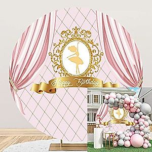 Leyiyi 6.5x6.5ft Ballerina Happy Birthday Round Backdrop Pink and Gold Ballet Girl Curtain Princess 1st Birthday Party Decor Banner Tutu Ballerina Birthday Party Baby Shower Cake Table Supplies