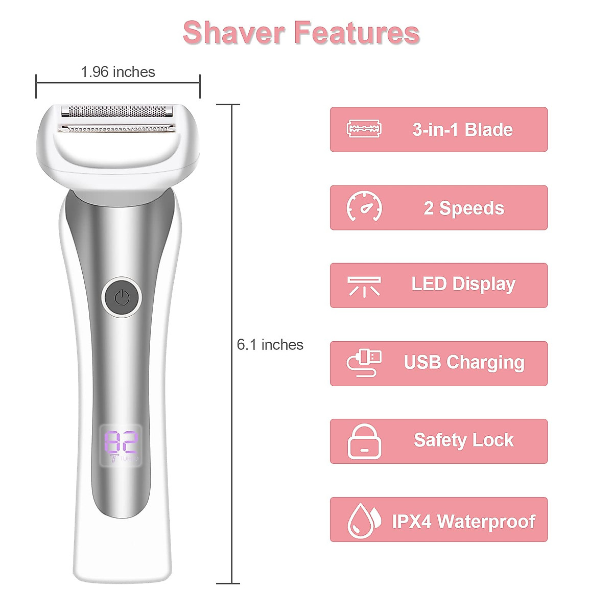 Electric Shaver for Women Legs, Painless Lady's Bikini Trimmer Body Hair Removal, Waterproof 3-in-1 Blade Hair Razor Epilator with LED Display for Arm Armpit Chin Bikini Area & Upper Lip (White)