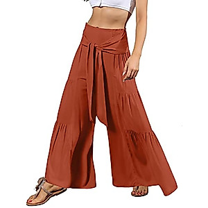 JURIS Women's Tiered Flowy Palazzo Pants Elastic High Waisted Tie Knot Loose Wide Leg Pants XL Brick Red