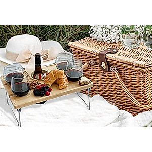 Comfort Theory Bamboo Wine Picnic Table | Collapsible Tray for Indoor & Outdoor Use | Perfect Wine Lover Gift | Folding Table with Wine Glass & Hard Seltzer Can Holders | Wine & Cheese Server