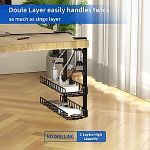 Under Desk Cable Management Tray, High Capacity Cord Organizer Rack for Desk, 2 Tier Desk Wire Management with Clamp Mount System, No Drill Cable Basket fits 0.4" to 2.4" Thickness Flat Side Desk