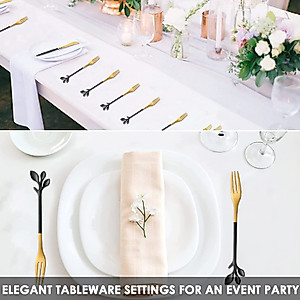 Rovepic 10 Pack Stainless Steel Appetizer Cake Fruit Forks Black Leaf Creative Tasting Dessert Mini Gold 3-Tined Forks Birthday Parties Events Kitchen Accessory Stirring Fork Set 4.8 inch