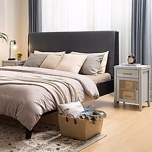 SICOTAS Tall Nightstands with Drawer, Modern Farmhouse Night Stand Wood Bedside Tables with Gold Mesh Door Adjustable Storage Shelf, Side End Table for Bedroom Living Room, Whitish-Gray Oak