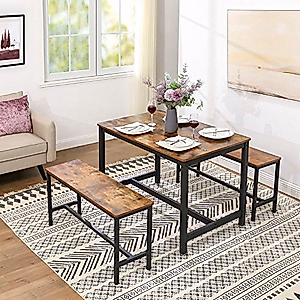 VASAGLE Dining Bench, Pair of 2, Industrial Style, Steel Frame, for Kitchen, Living Room, 12.8 x 42.5 x 19.7 Inches, Rustic Brown + Black