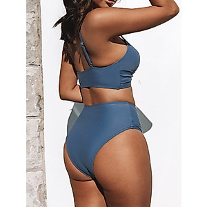 CUPSHE Women's Bikini Sets Two Piece Swimsuit High Waisted V Neck Twist Front Adjustable Spaghetti Straps Bathing Suit, M Blue