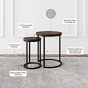 Nathan James Lula Nesting Round Side Set of 2, Accent End Table for Living Room with Wood or Marble Finish Tabletop and Metal Base, Nutmeg/Black