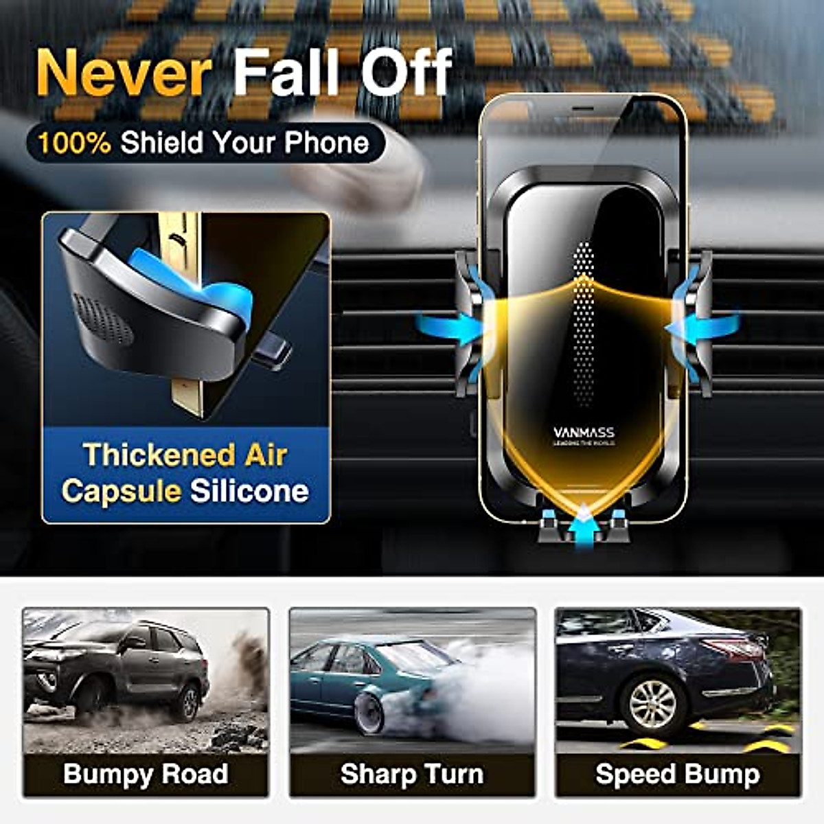 VANMASS 7.0 Upgraded Car Phone Holder Mount [Never-Drop Steel Hook] & [A Cable Clip], Stable A+ Car Vent Phone Mount, Auto Cell Phone Holder, Handsfree Cradles for iPhone 14 13 12 11 Pro Max Samsung