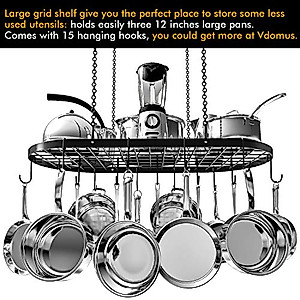 Vdomus Hanging Pot Rack Organizer - Heavy-duty Ceiling Pot Rack Storage - Mounted Kitchen Overhead Pots Holder - Multi-Purpose Kitchen Cookware, Utensils Hanger - 15 Hooks, 33 x 17 inches