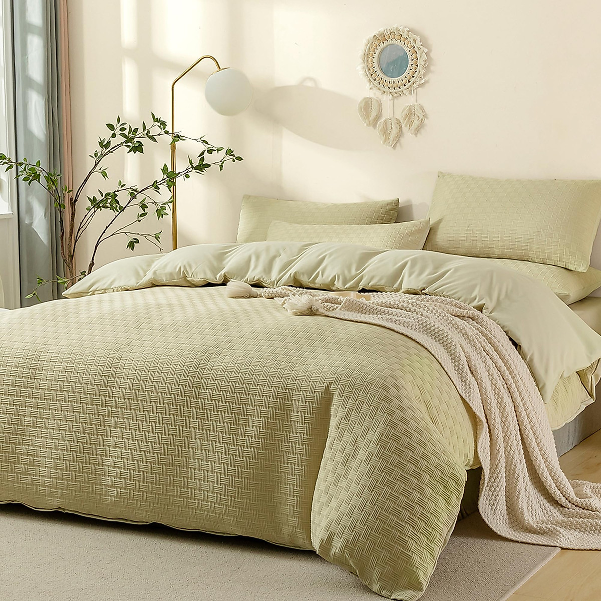 JELLYMONI Beigish Green Duvet Cover King Size - 3 Pieces Soft and Breathable Microfiber Knitted Jacquard Waffle Weave Striped Comforter Cover with 8 Corner Ties & Zipper Closure