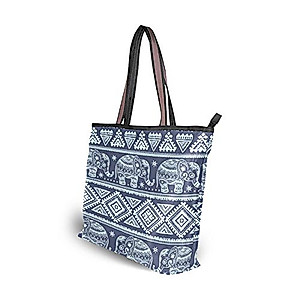 QMXO Ethnic Indian Lotus Elephant Print Handbags and Purse for Women Tote Bag Large Capacity Top Handle Shopper Shoulder Bag