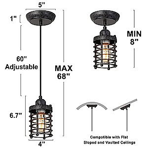 LNC Rustic Pendant Lighting for Kitchen Island, Retro Vintage Pendant Light Fixture with Metal Cage Shade, Mini Hanging Pendant Lights Adjustable for Kitchen Sink, Dining Room, Bedroom, Foyer, 3.9”D
